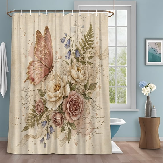 Butterfly Shower Curtain Set with Hooks, Roses Lavender Ferns French ...