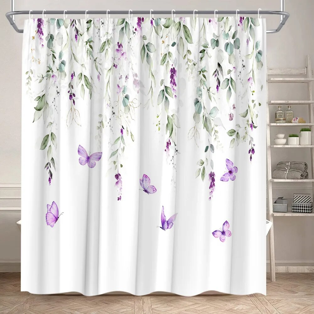 Butterfly Shower Curtain Watercolor Spring Flower Botanical Farm Green