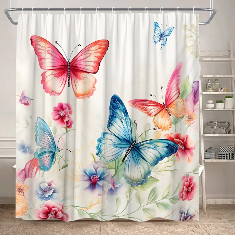 Butterfly Shower Curtain Watercolor Spring Flower Botanical Farm Green