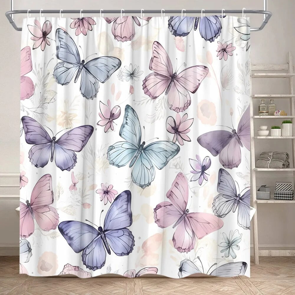 Butterfly Shower Curtain Watercolor Spring Flower Botanical Farm Green