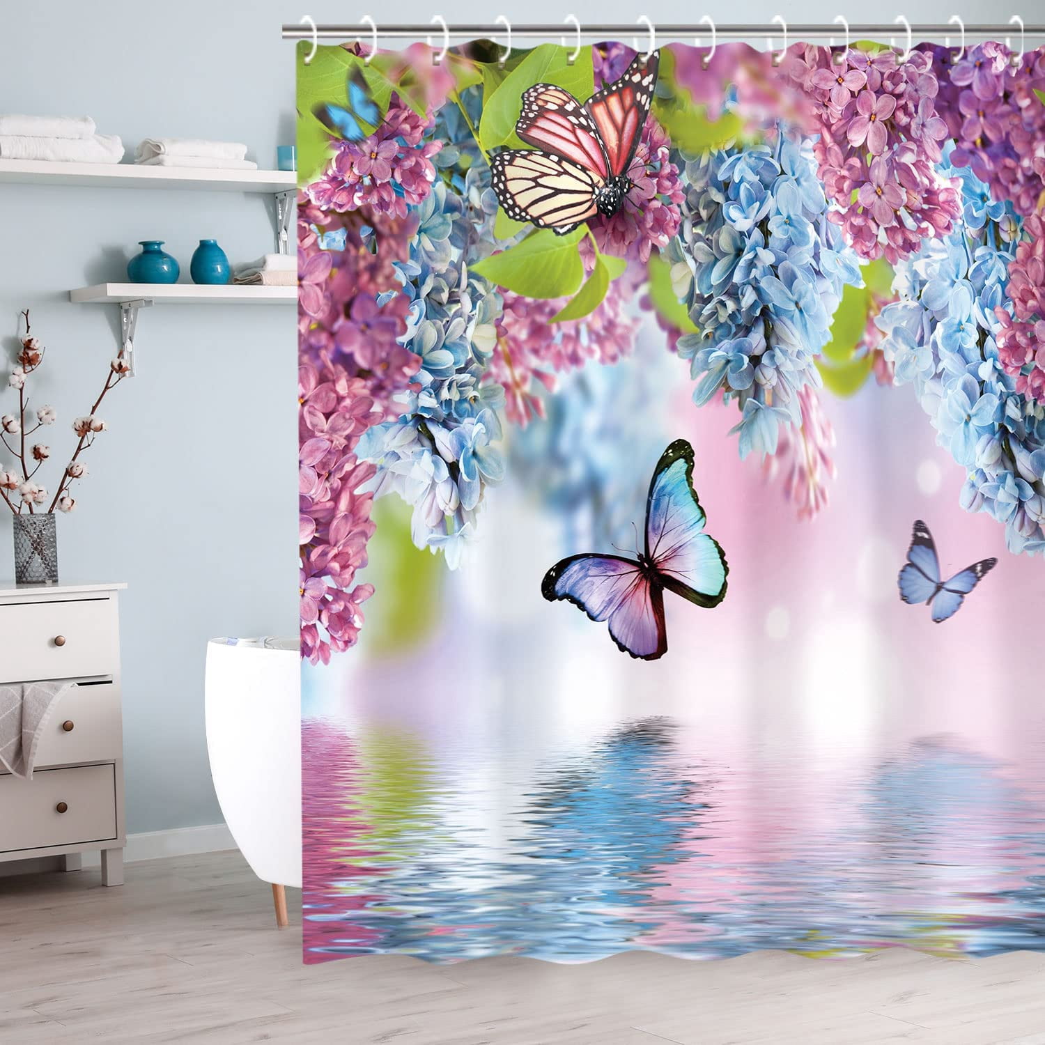 Butterfly Shower Curtains with Hooks, Floral Shower Curtain, Blue ...