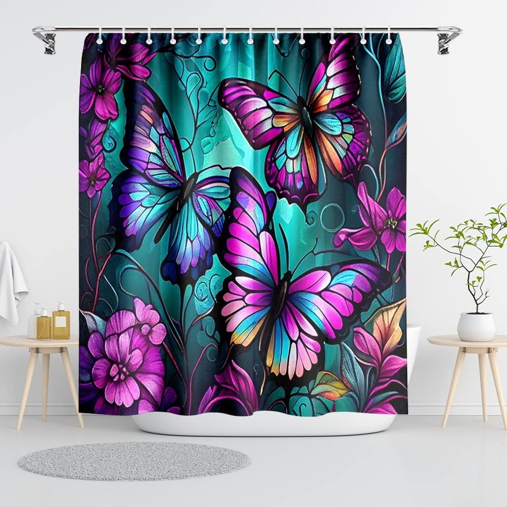 Butterfly Shower Curtains with Hooks,Purple Floral Shower Curtain ...