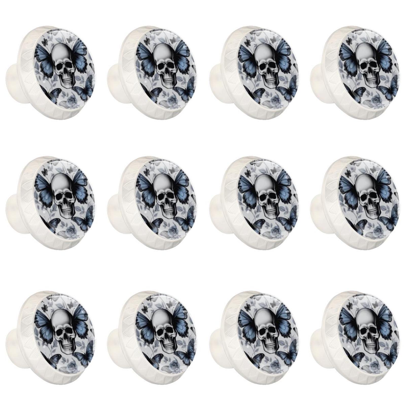 Butterfly Skull 12 Pcs White Round Drawer Pulls with Screws,ABS and Glass Cabinet Handles for ...