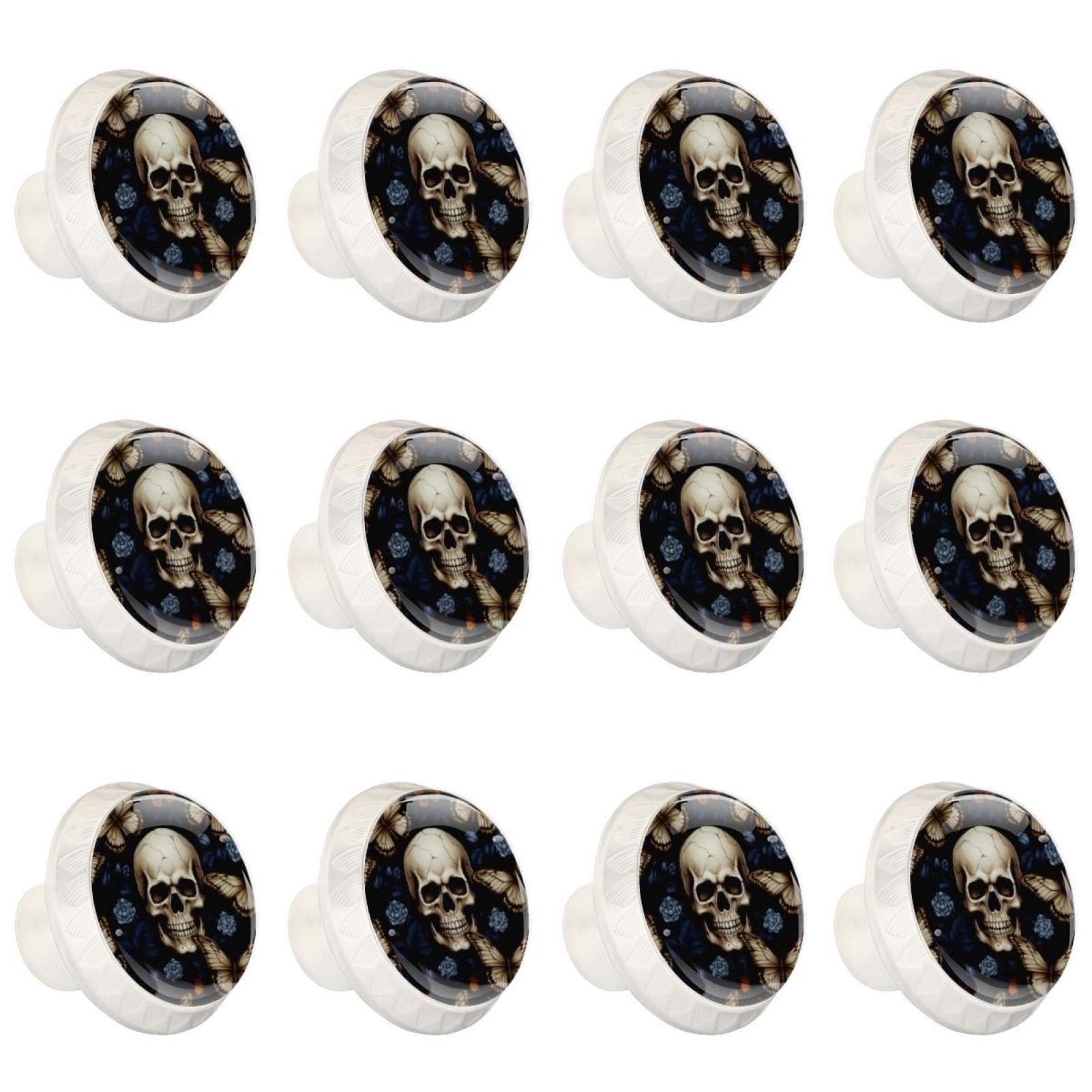 Butterfly Skull 12 Pcs White Round Drawer Pulls with Screws,ABS and Glass Cabinet Handles for ...