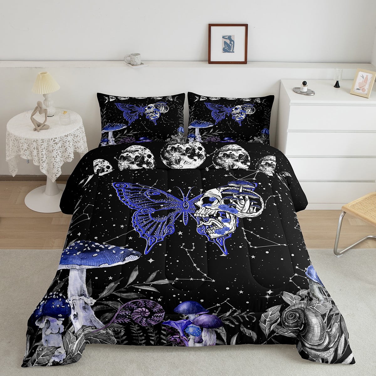 Butterfly Skull Skeleton Comforter Set Moon Phase Halloween Bedding ...