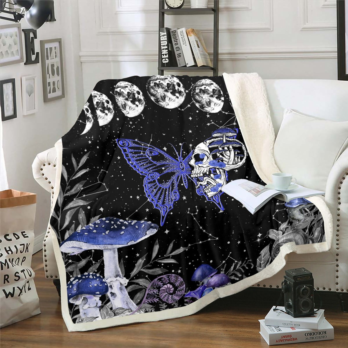 Butterfly Skull Skeleton Fleece Blanket Moon Phase Halloween Fuzzy ...