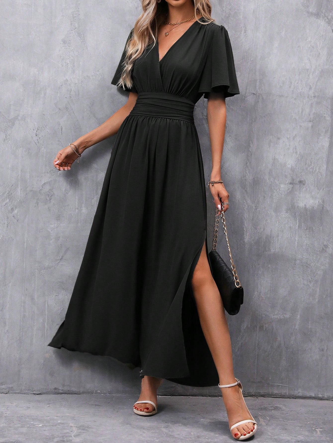 Butterfly Sleeve Surplice Neck Split Thigh Dress