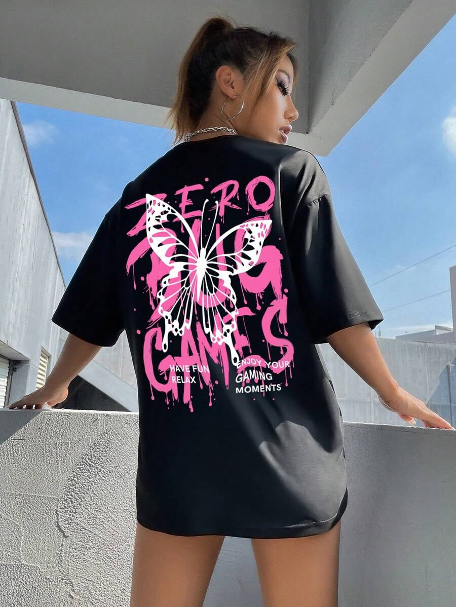 Butterfly & Slogan Graphic Drop Shoulder Tee ZERO BUG GAMES HAVE FUN ...