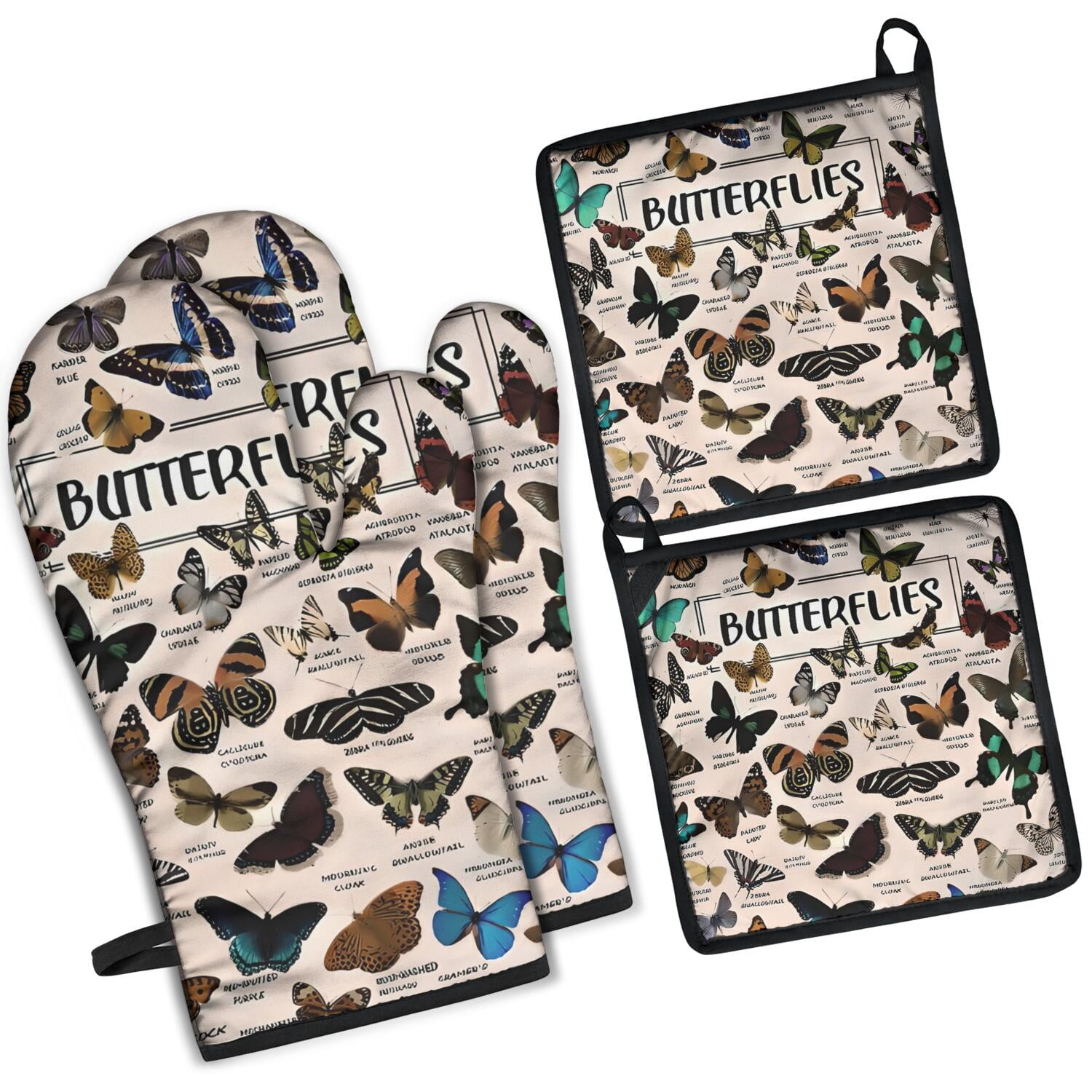 Butterfly Species Chart Kitchen Oven Mitt and Pot Holder Sets 4 Pcs for ...