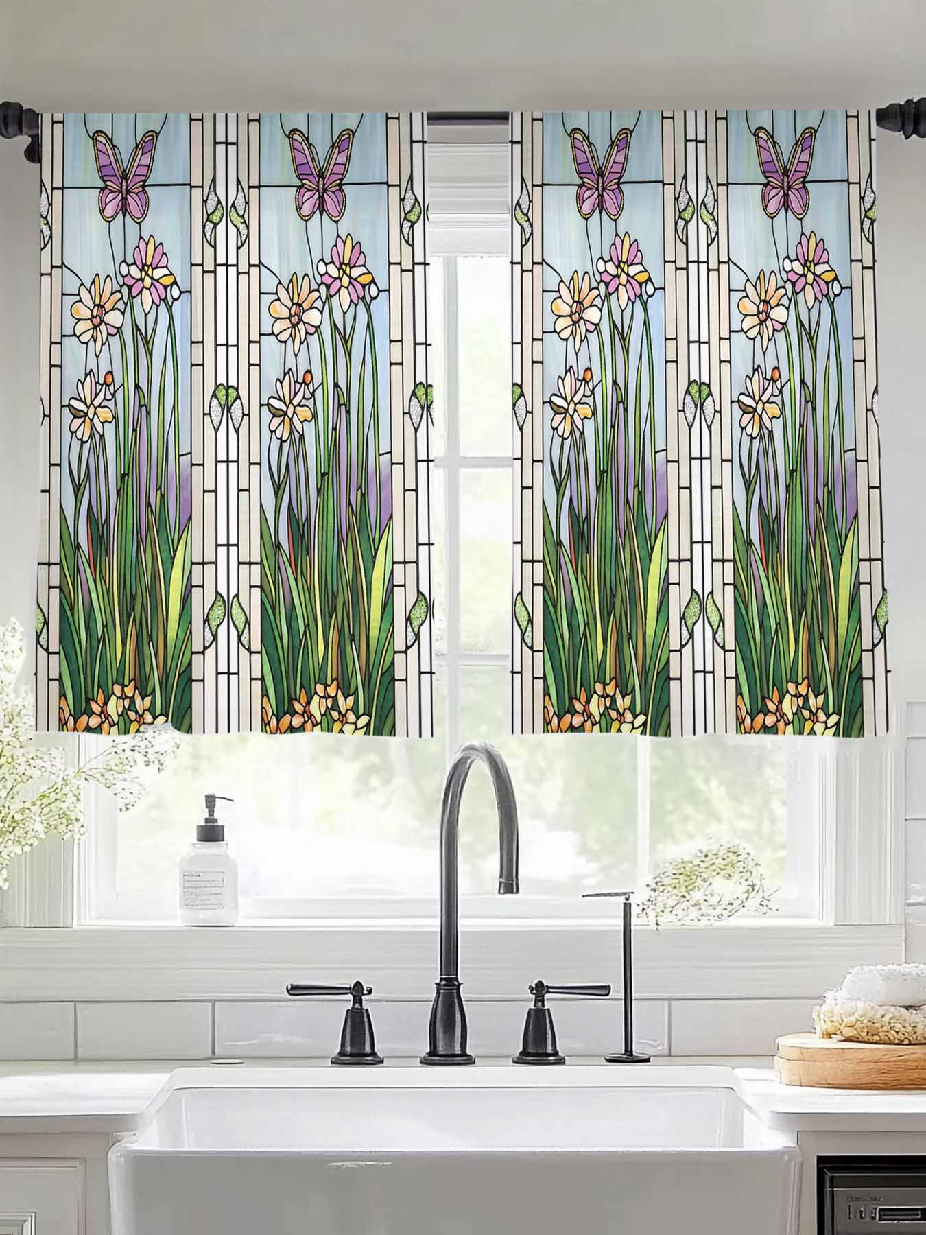Butterfly Spring Colorful Flower Chiffon Sheer Curtains 45 Inches Long ...