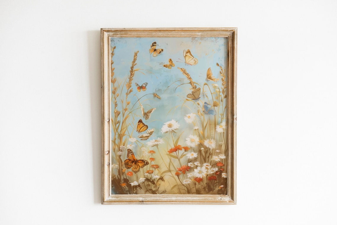 Butterfly Spring Wildflower Field Landscape, Vintage Summer Flower ...