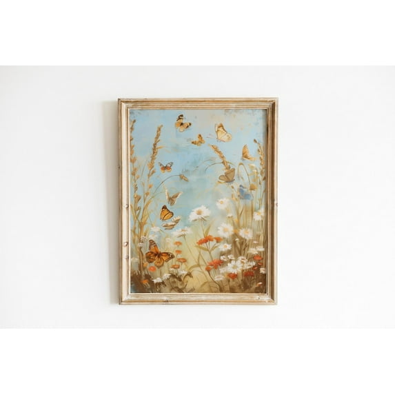 Butterfly Spring Wildflower Field Landscape, Vintage Summer Flower ...