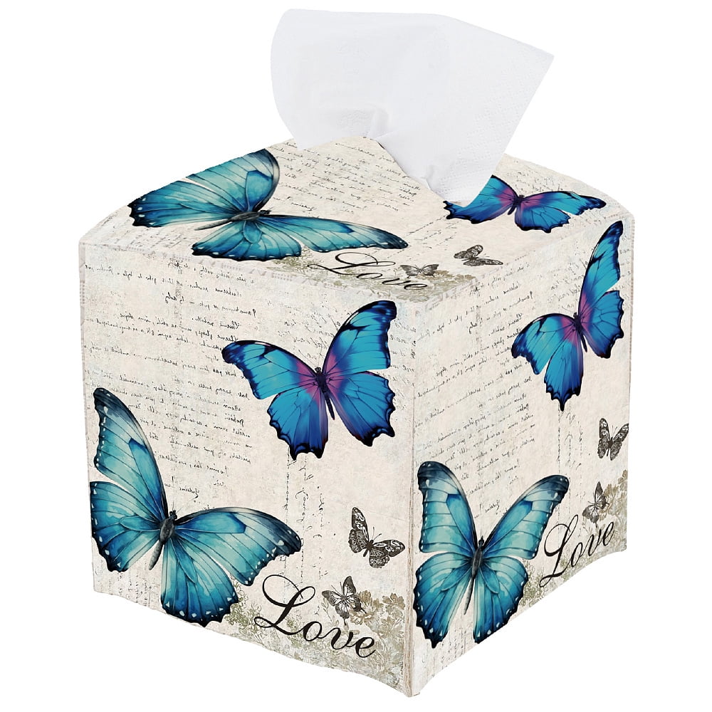 Butterfly Square Tissue Box Cover Leather Tissue Box Holder Blue ...
