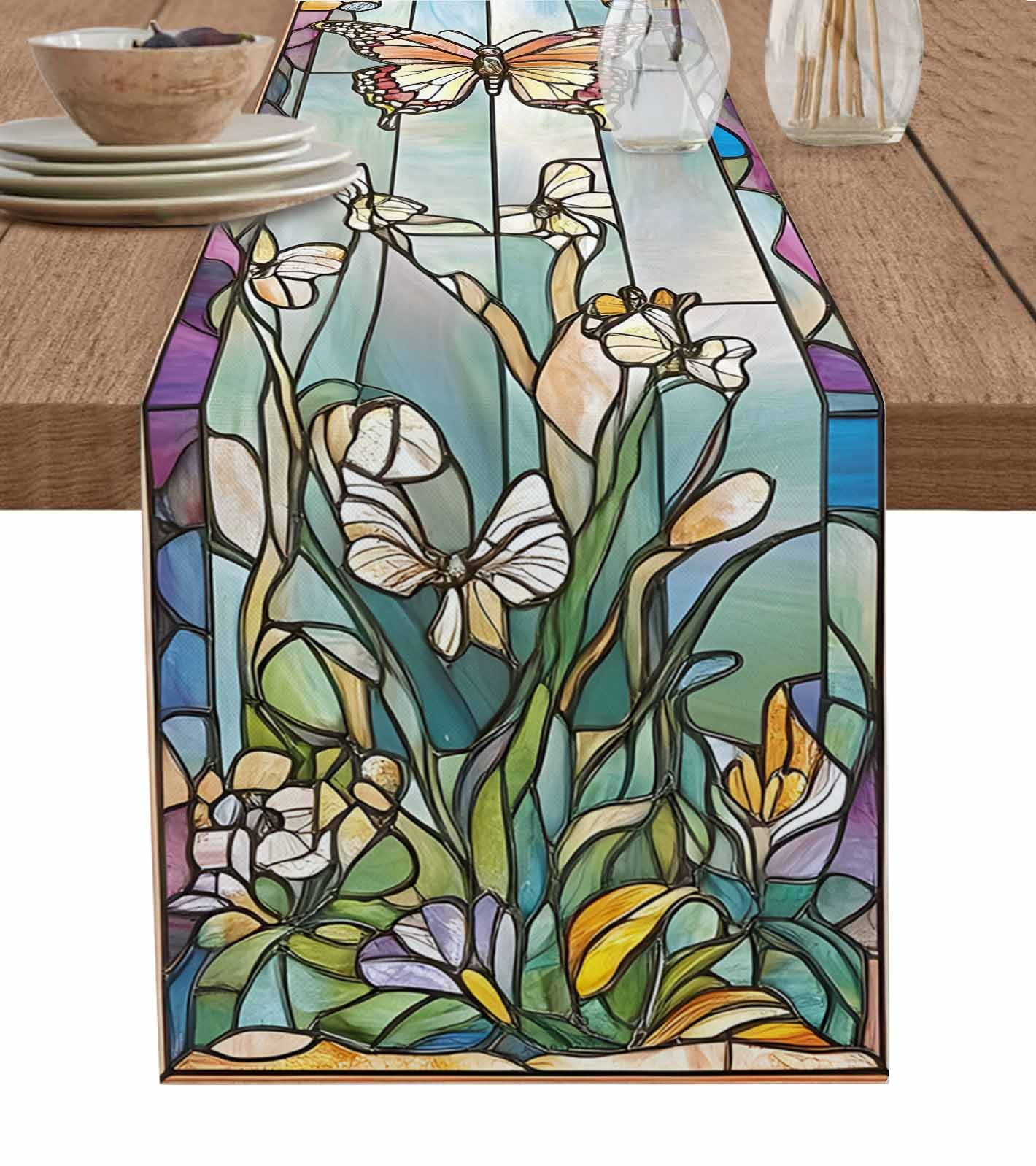 Butterfly Stained Glass Burlap Cotton Table Runner 13x60 Inches Long ...