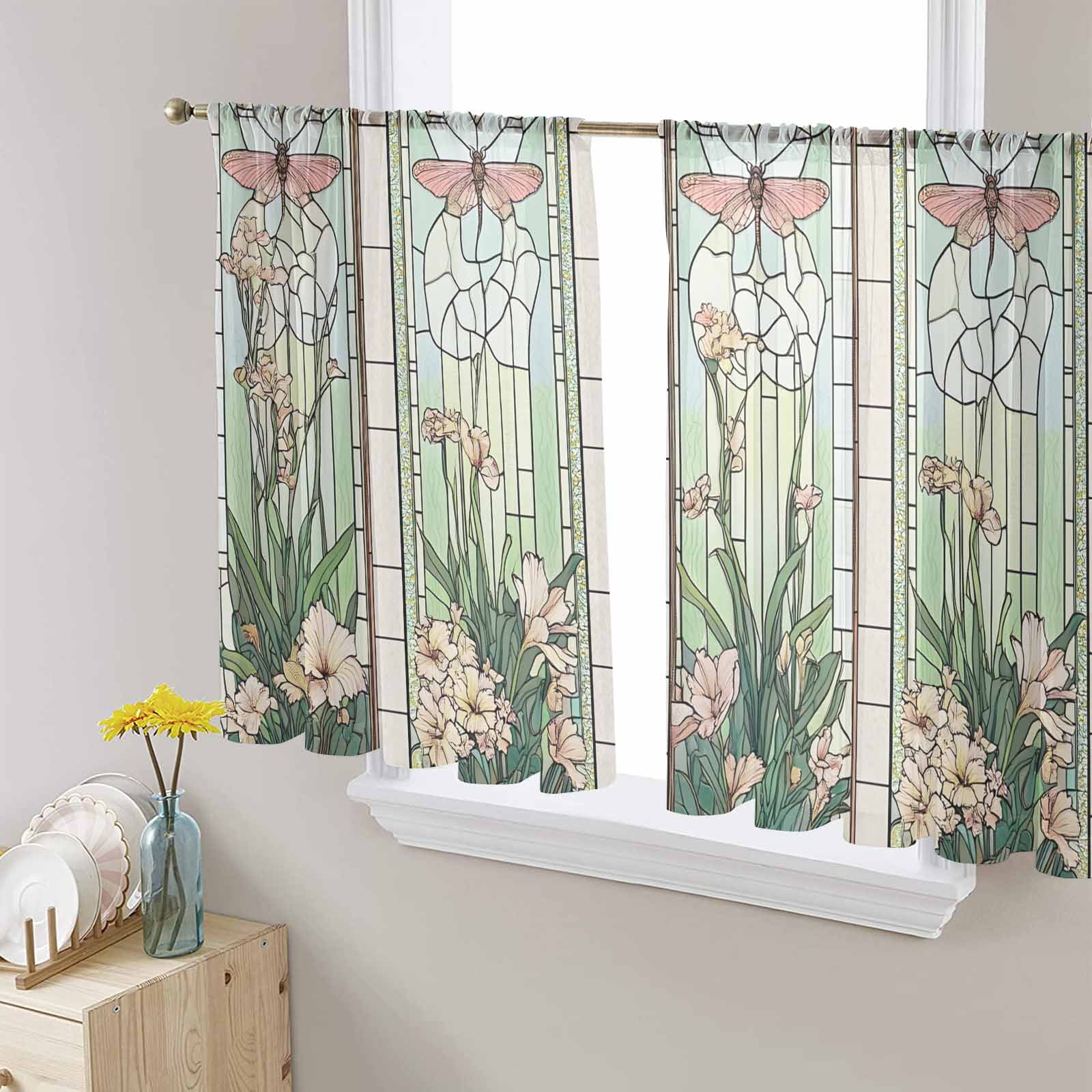 Butterfly Stained Glass Semi Sheer Curtains 54 Inch Length 2 Panels Set ...