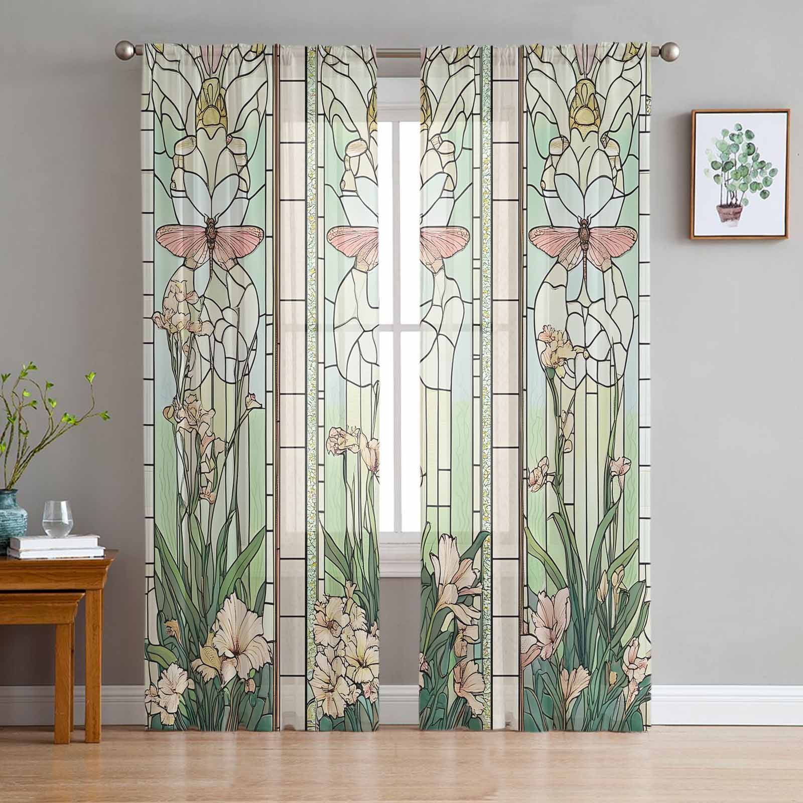Butterfly Stained Glass Semi Sheer Curtains 72 Inch Length 2 Panels Set ...