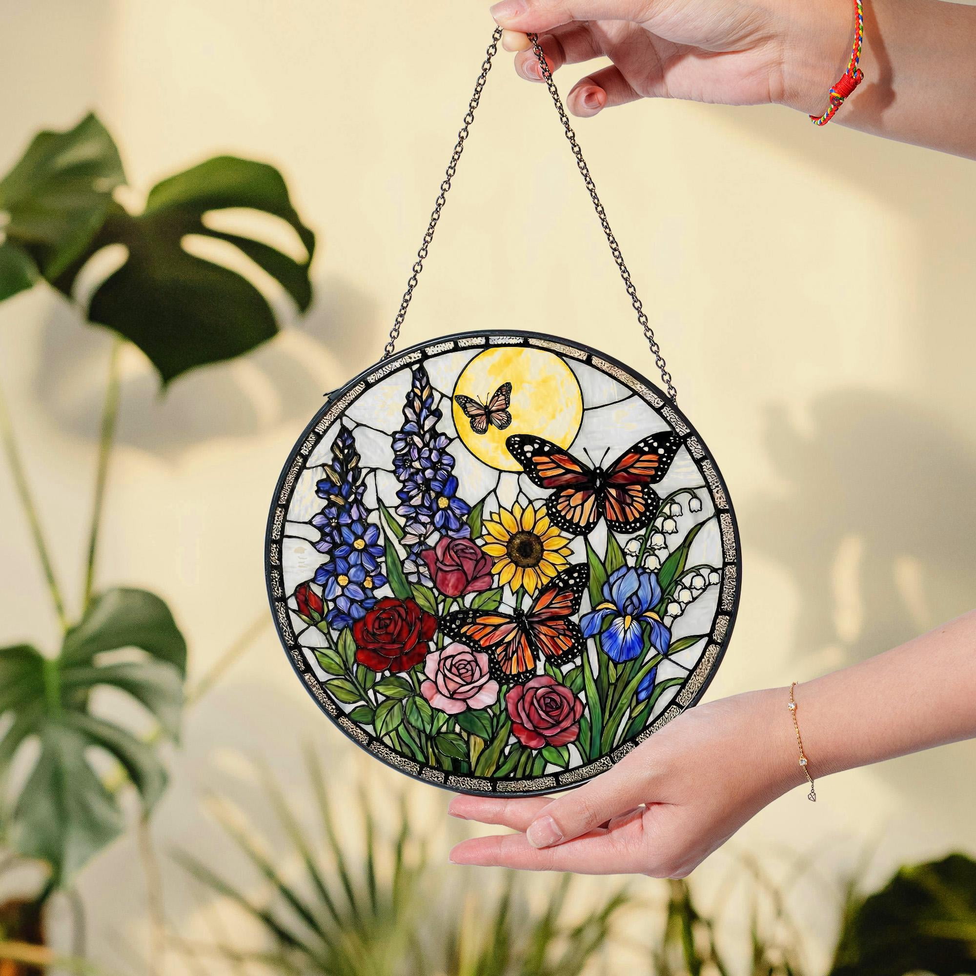 Butterfly Stained Glass Suncatcher, Floral Butterfly Window Hanging ...
