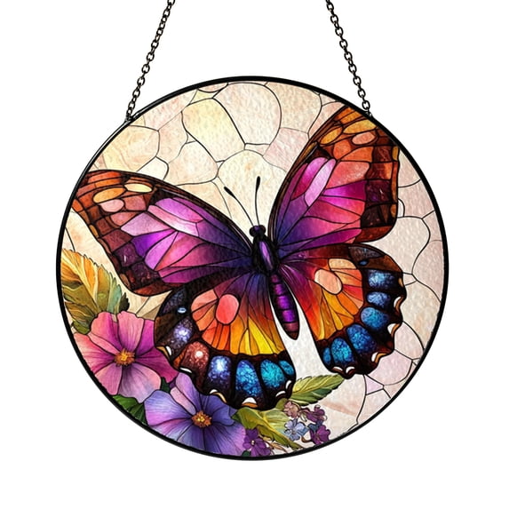 Butterfly Stained Glass Suncatcher Window Hanging Floral Panel for Home ...