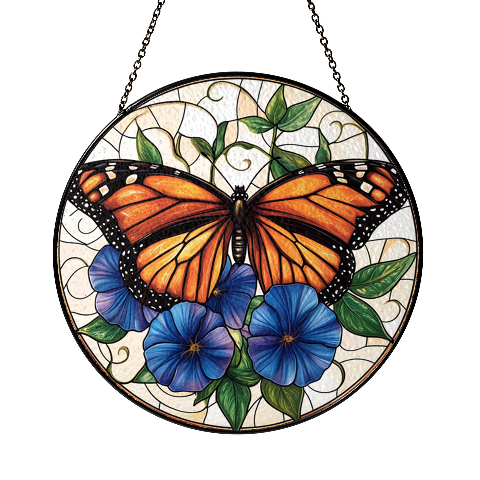 Butterfly Stained Glass Suncatcher with Blue Morning Glory Flowers ...