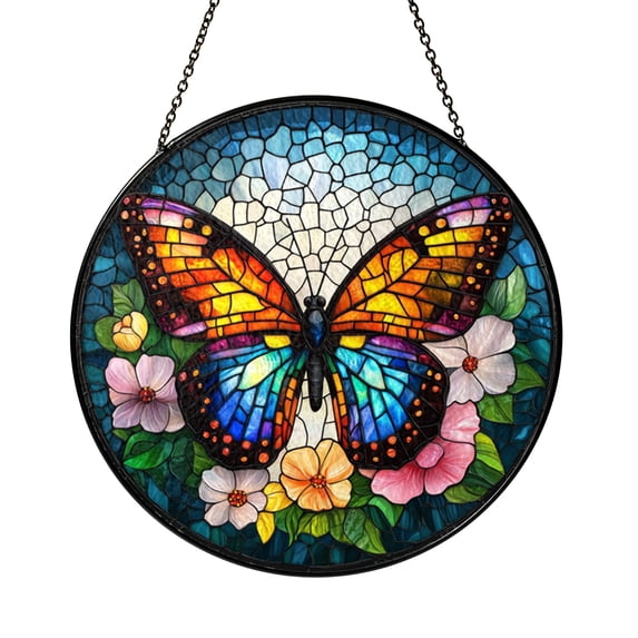 Butterfly Stained Glass Suncatcher with Colorful Wing Design, Round ...