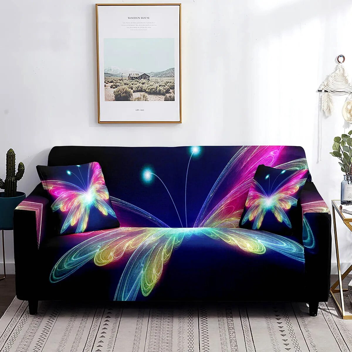 Butterfly Stretch Sofa Cover Purple Flowers Blue Butterflies Printed ...