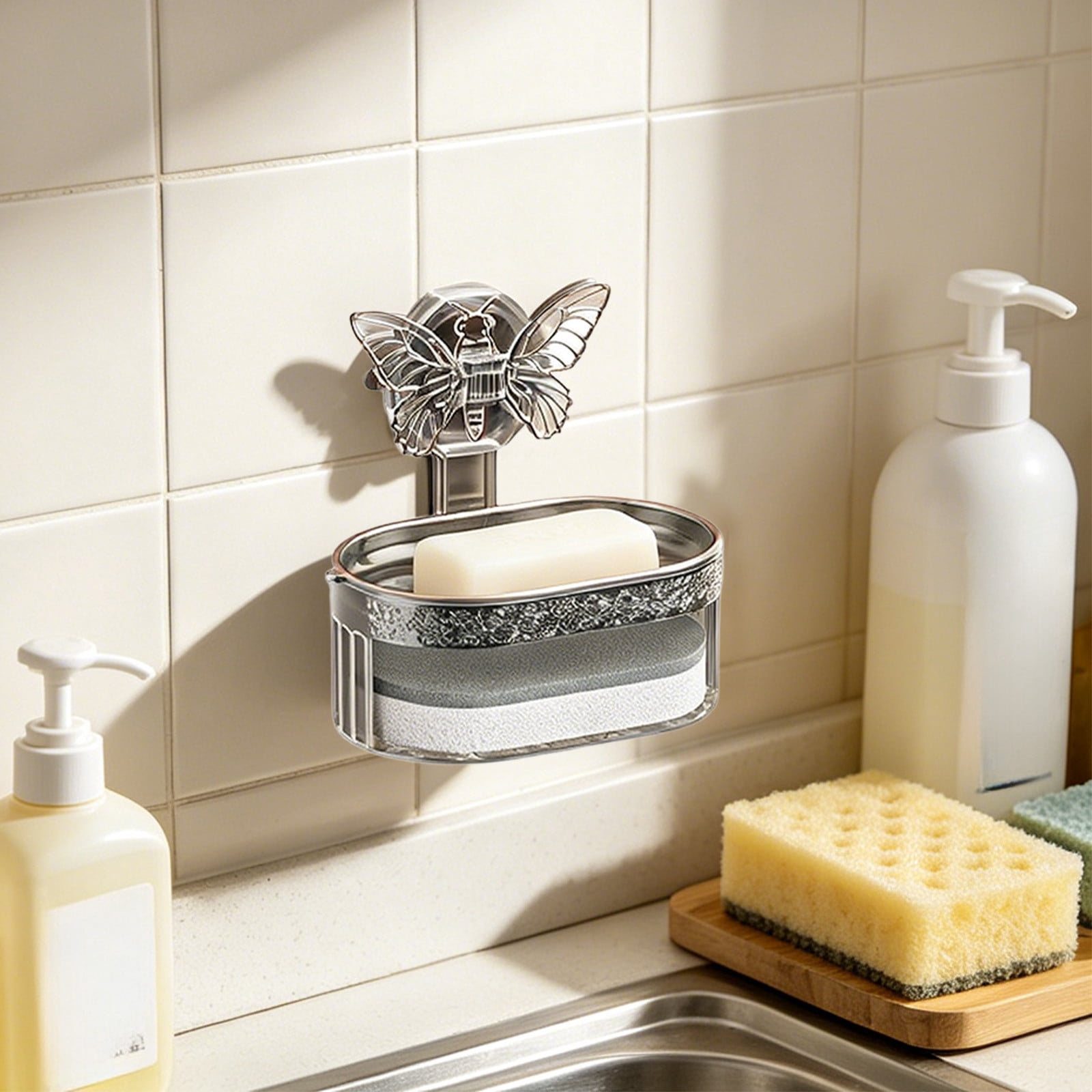 Butterfly Suction Cup Soap Dish Holder, Wall Mounted No Drill Soap Rack ...