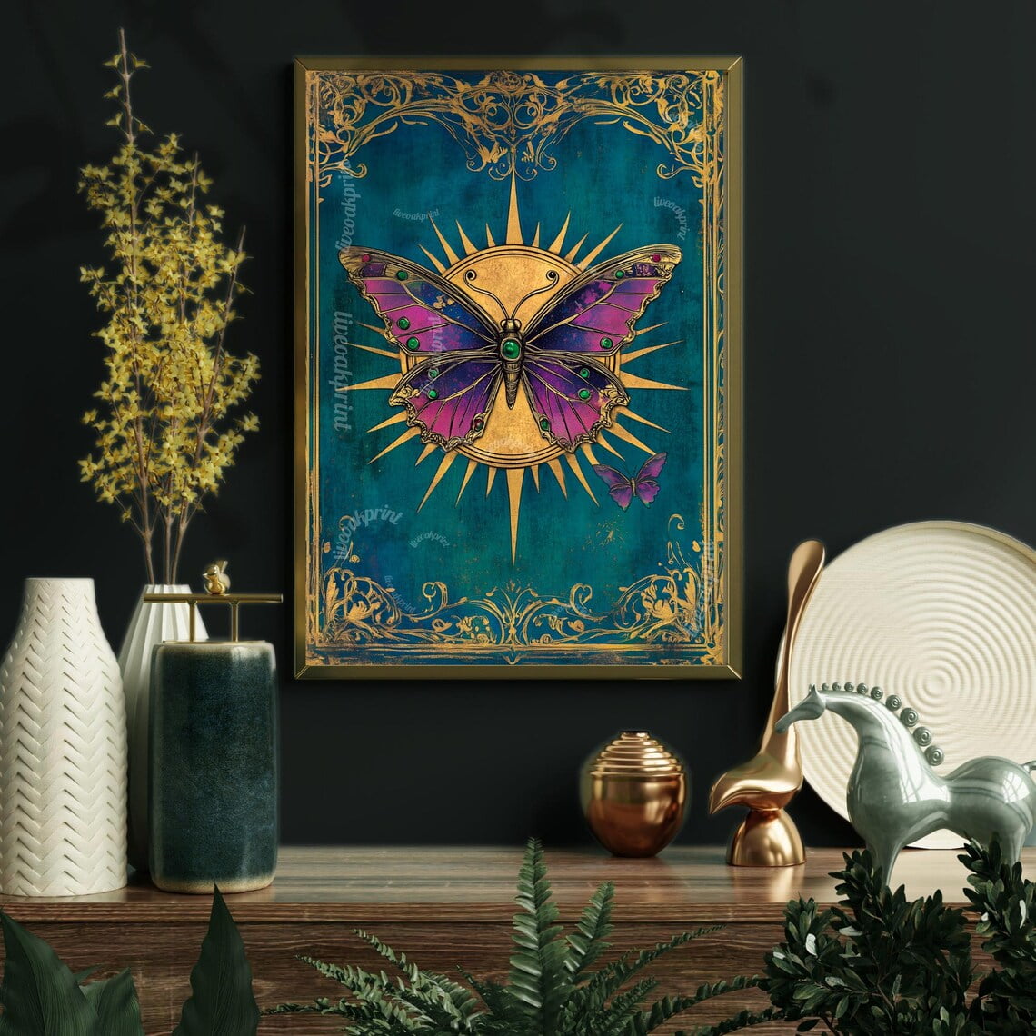 Butterfly And Sun Wall Art - Moody Vintage Boho Butterfly Print - Teal ...