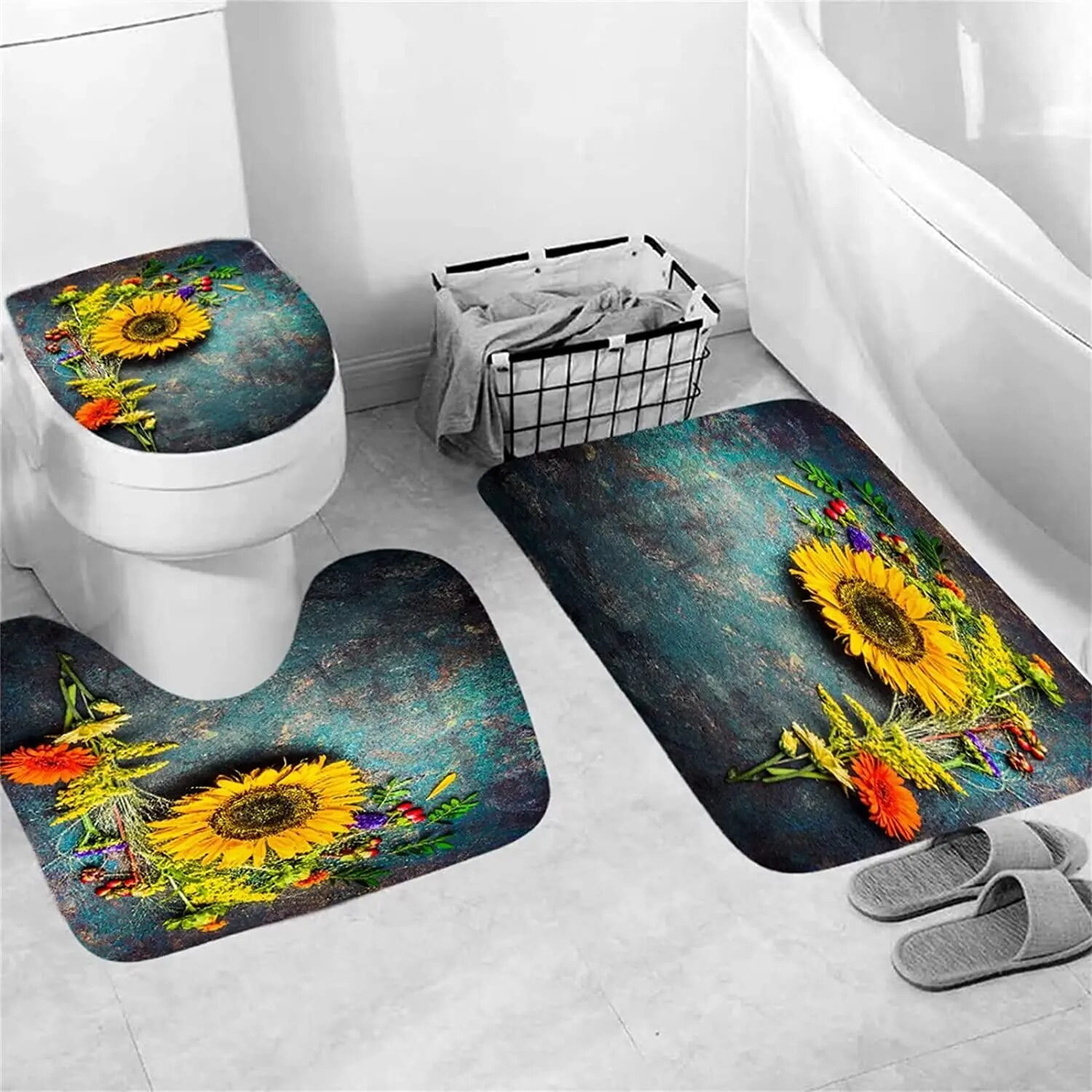 Butterfly Sunflower Bathroom Rug Set Black Background Rustic Wooden ...