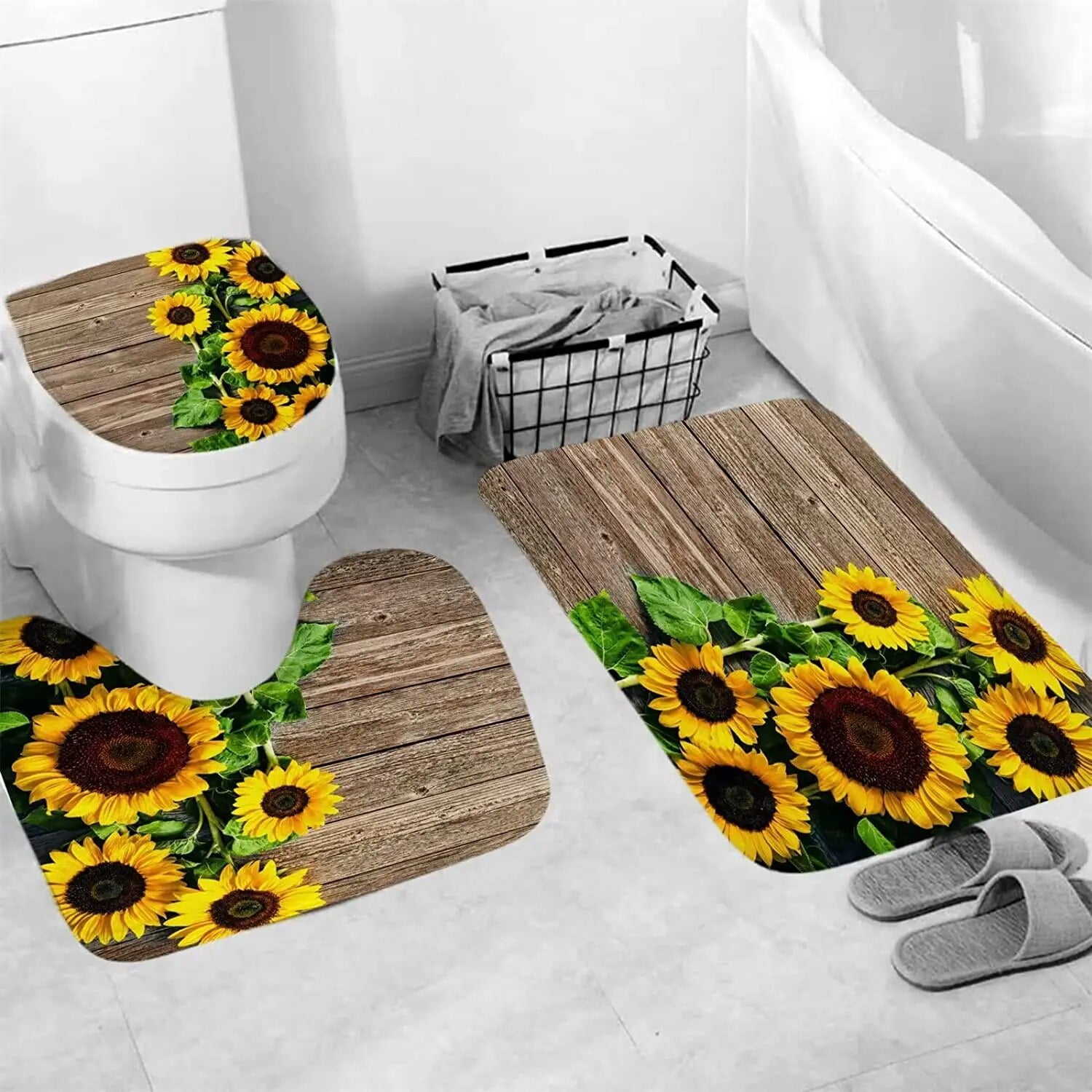 Butterfly Sunflower Bathroom Rug Set Black Background Rustic Wooden ...