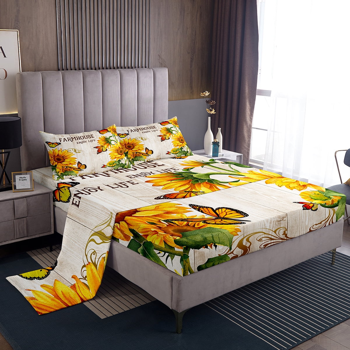 Butterfly Sunflower Bed Sheets ,Rustic Farmhouse Floral Beige Fitted ...