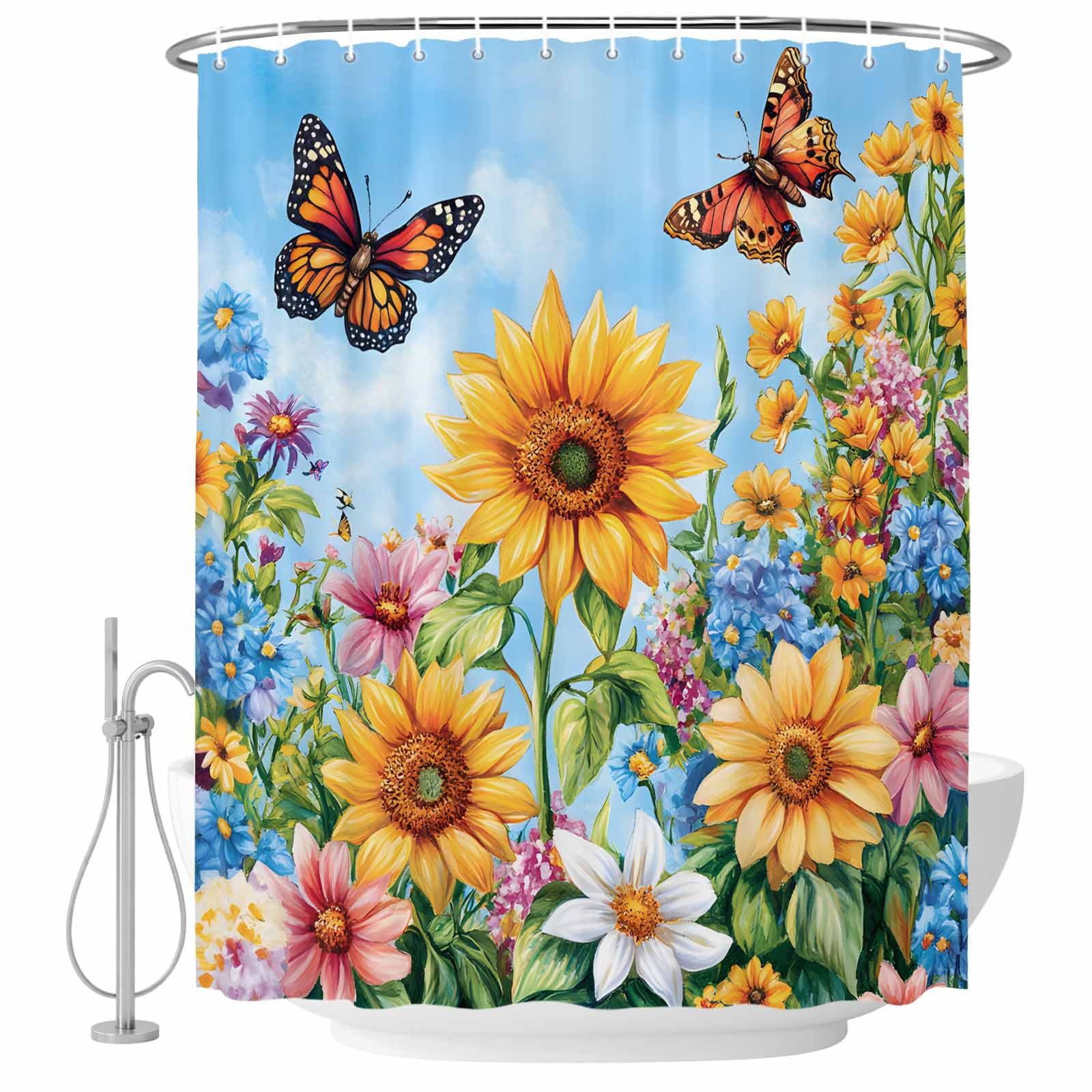 Butterfly Sunflower Fabric Shower Curtain Watercolor Wildflower Floral ...