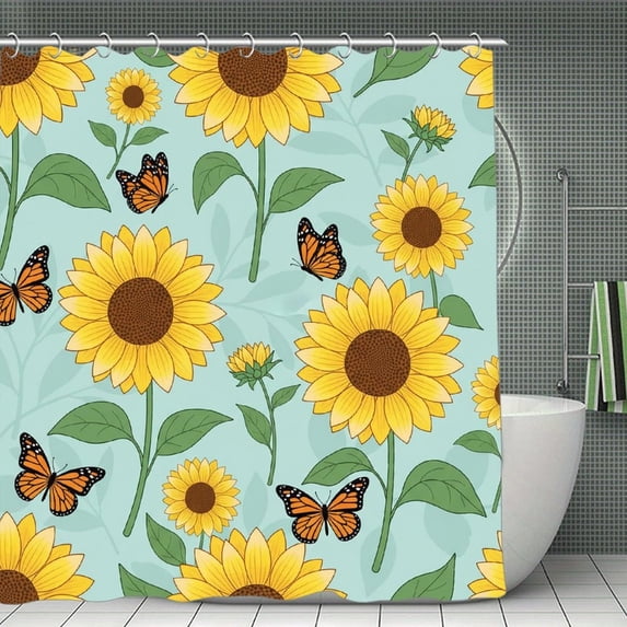 Butterfly Sunflower Garden Print Shower Curtain,Modern Fabric ...
