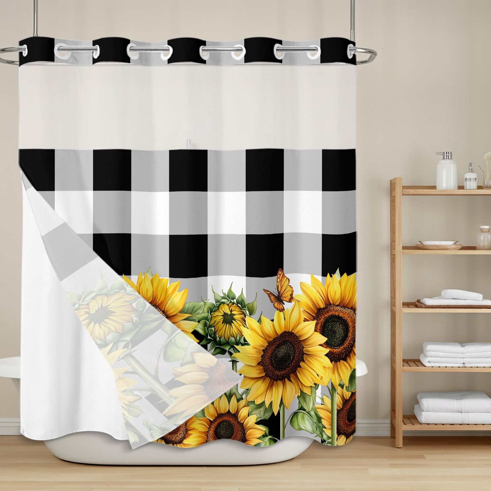 Butterfly Sunflower No Hook Shower Curtain with Snap in Liner, Pastoral ...