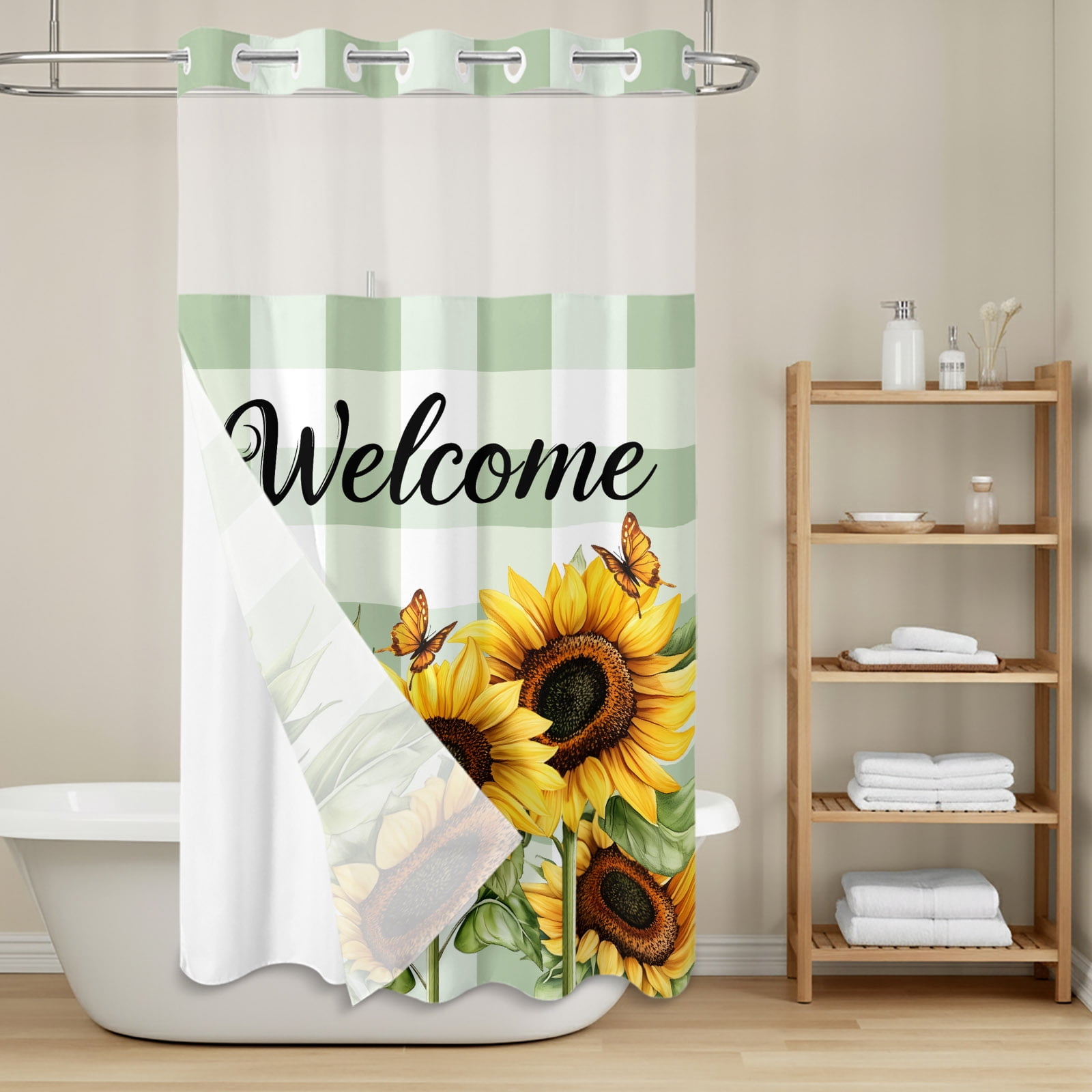 Butterfly Sunflower No Hook Shower Curtain with Snap in Liner, Welcome ...