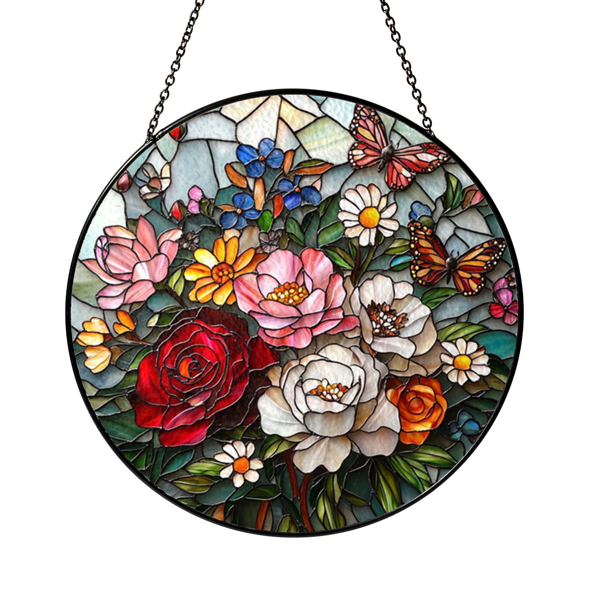Butterfly Sunflower Iris Floral Stained Glass Style Window Suncatcher ...