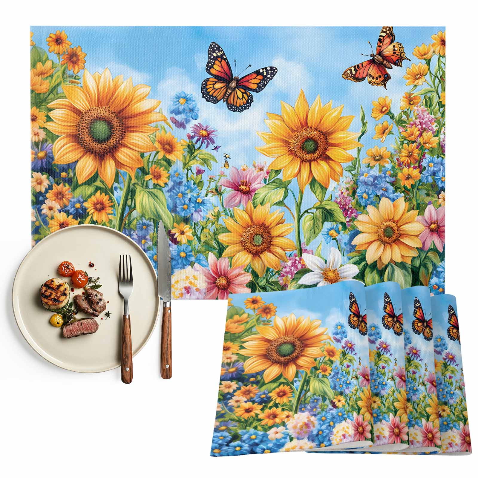 Butterfly Sunflower Placemats Set of 6, Watercolor Wildflower Floral ...