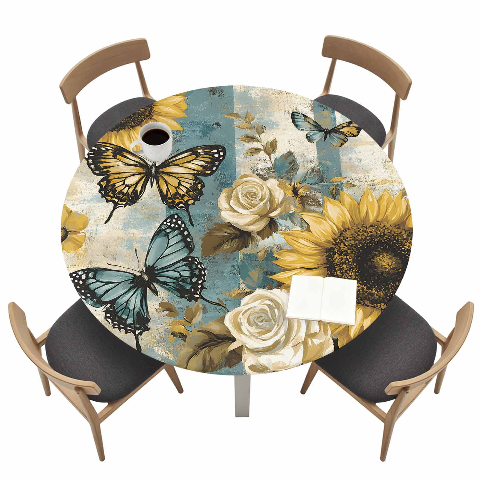 Butterfly Sunflower Round Fitted Tablecloth with Elastic Edge Vintage ...