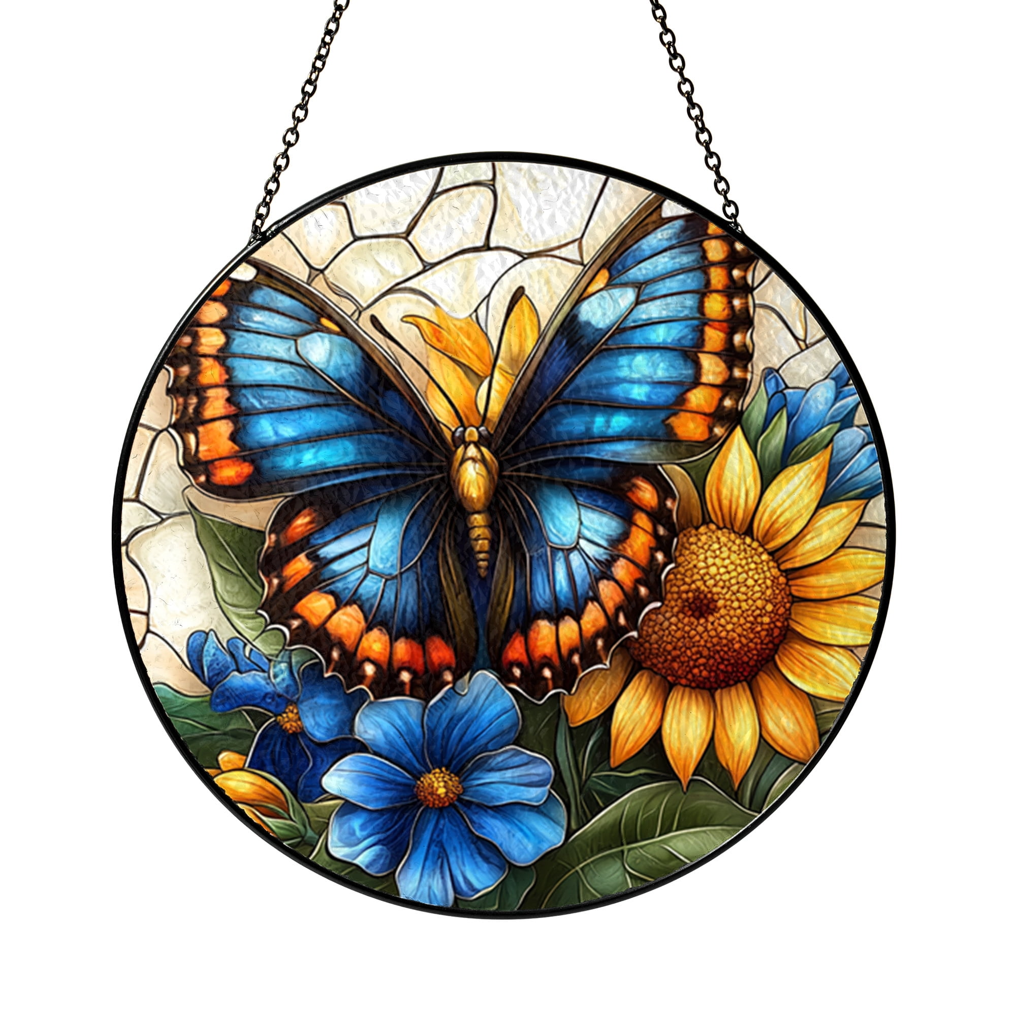 Butterfly Sunflower Round Glass Suncatcher, Vibrant Nature Inspired ...