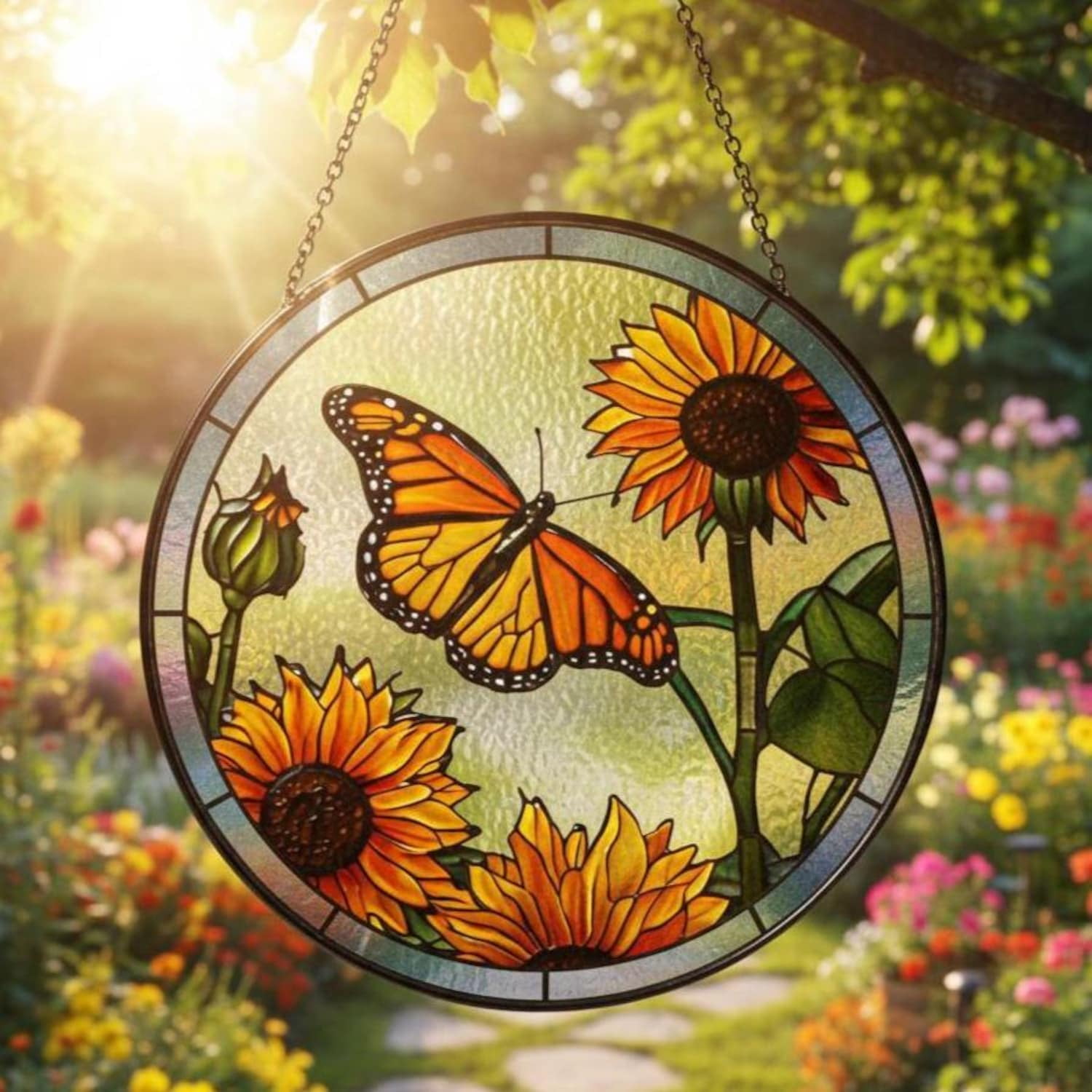 Butterfly Sunflower Stained Glass Suncatcher, Monarch Window Decor, Sun ...