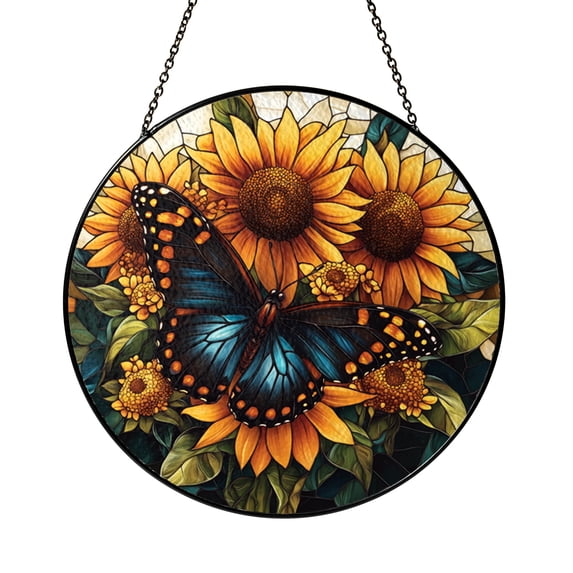 Butterfly Sunflower Stained Glass Suncatcher Window Hanging, Round ...