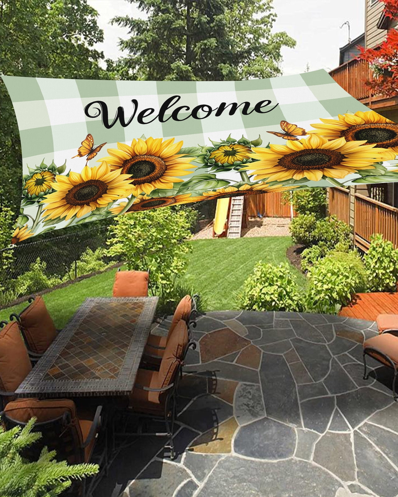 Butterfly Sunflower Sun Shade Sail 14'X18' Welcome Green White Plaid ...