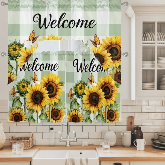 Butterfly Sunflower Swag Curtains Valance and Tier Set, Welcome Green ...