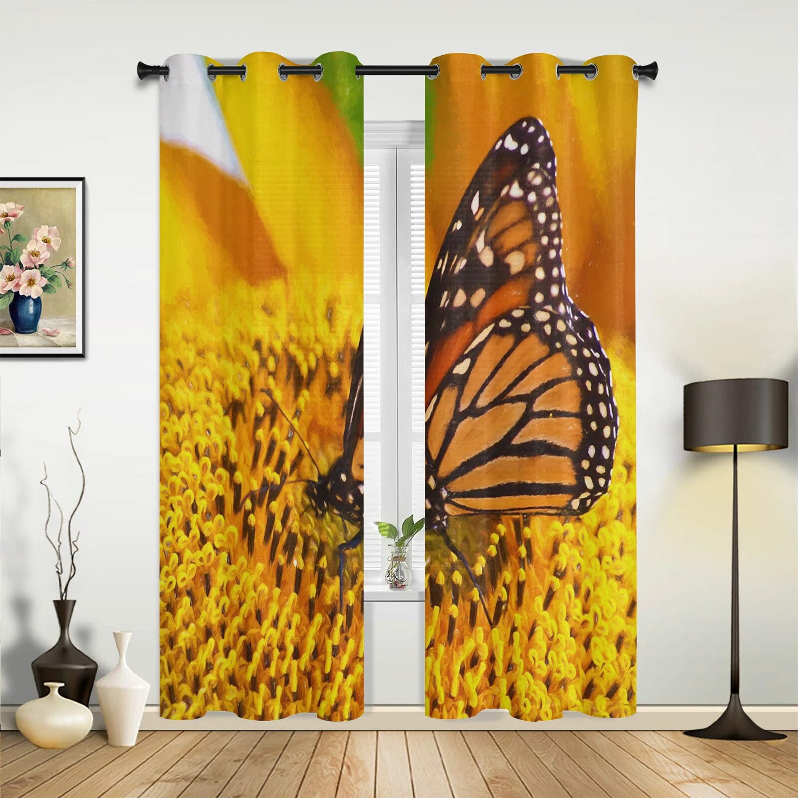 Butterfly Sunflower Window Curtain for Living Room Balcony Decor Artistic Creative Drapes for ...