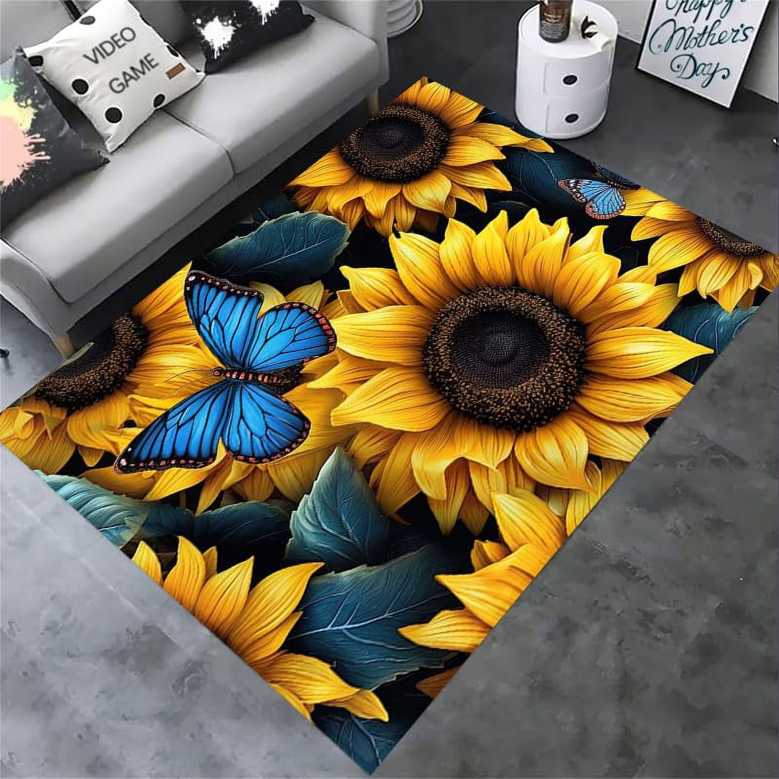 Butterfly Sunflower on Wooden Board Non Slip Mat Area Rug Runners Floor ...