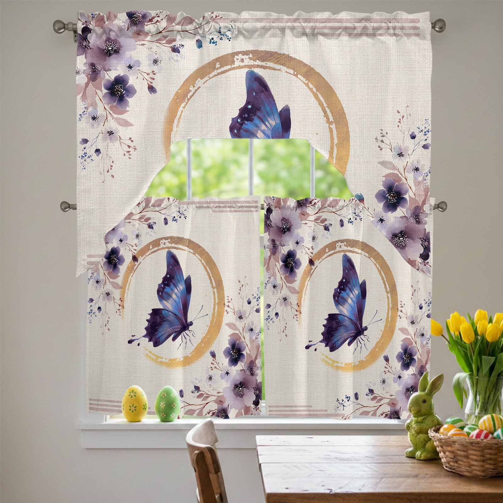 Butterfly Swag Curtains Valance & Tier Set, Watercolor Purple Butterfly ...