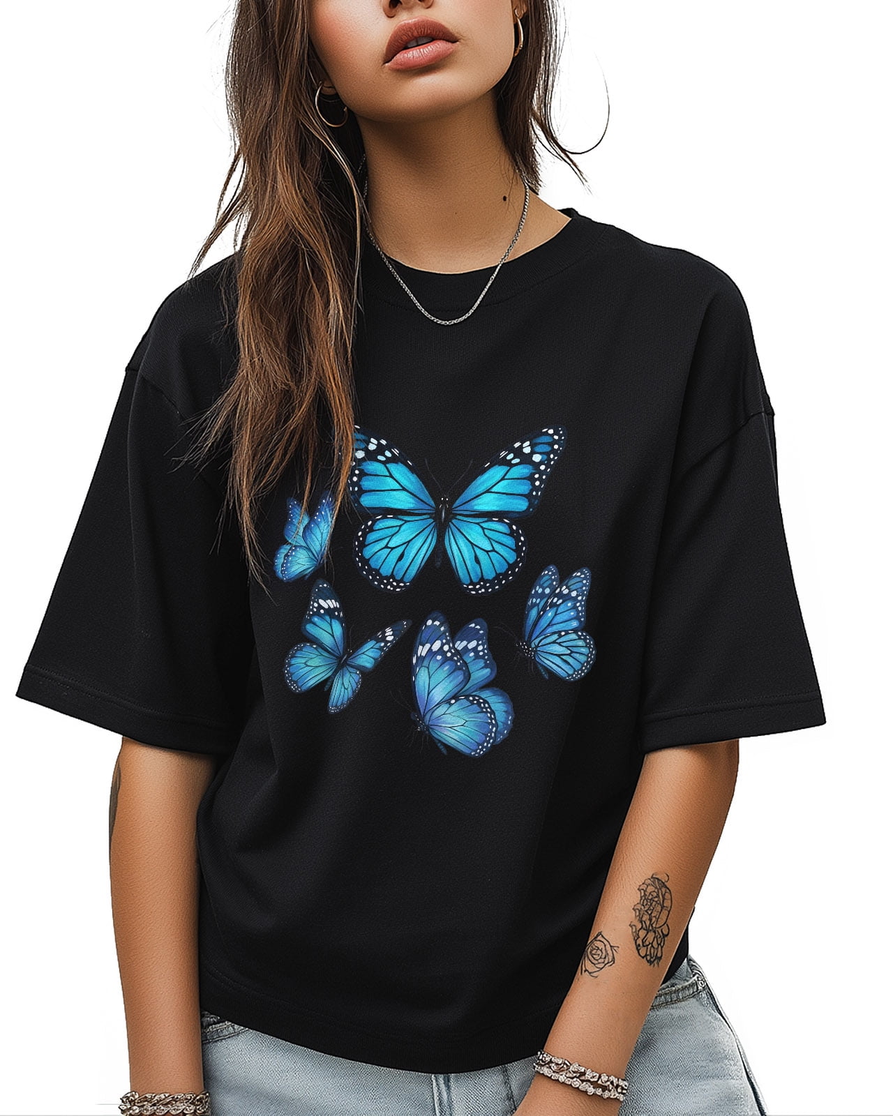 Butterfly T Shirts for Women Short Sleeve Cotton Crewneck T-Shirt ...