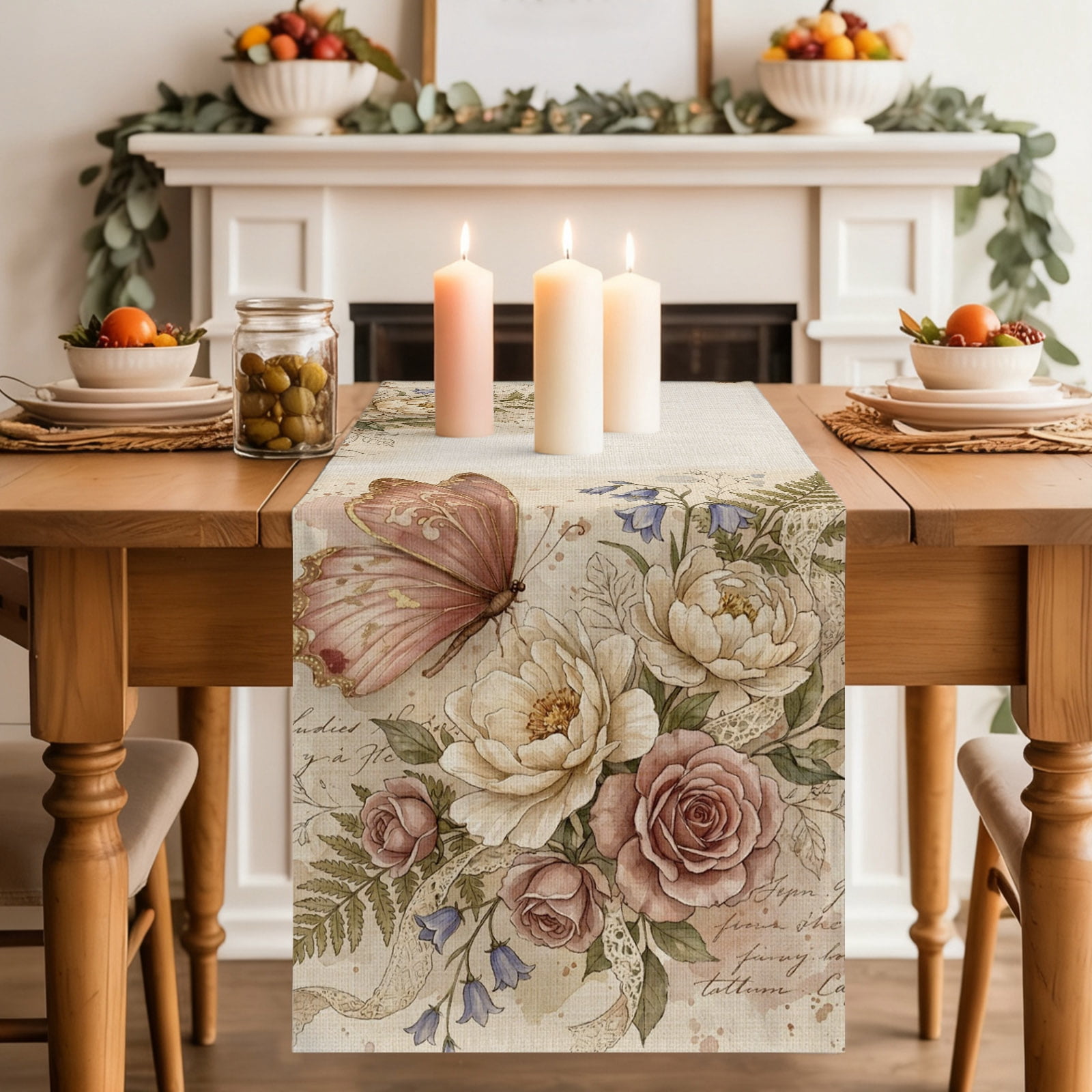 Butterfly Table Runner 13x120 Inch Roses Lavender Ferns French ...