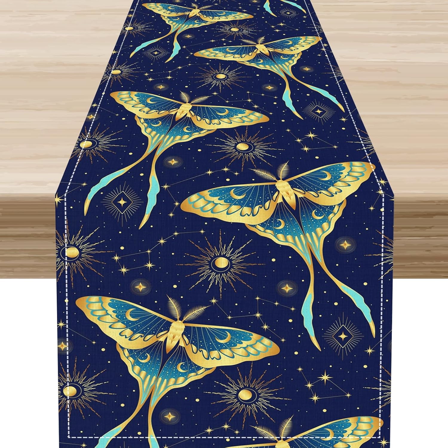 Butterfly Table Runner, Astrology Mystical Golden Moth Retro Starlit ...