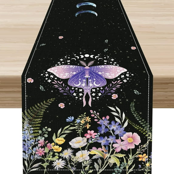 Butterfly Table Runner, Retro Floral Starlit Stars Boho Gothic Moon ...