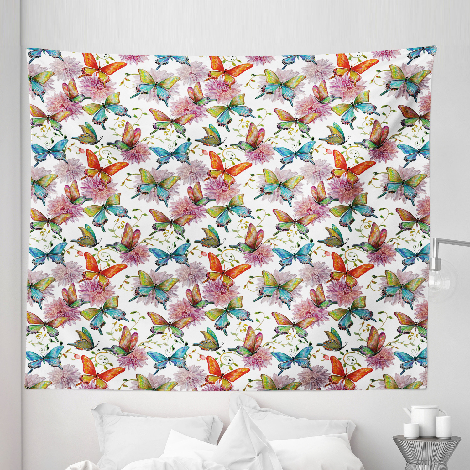 Butterfly Tapestry, Flying Butterflies with Floral Elements Vivid Color ...